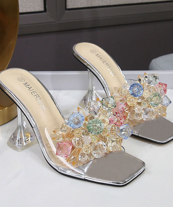 Silver Crystal Splicing Peep Toe Clear High Heel Slippers - Ladylim