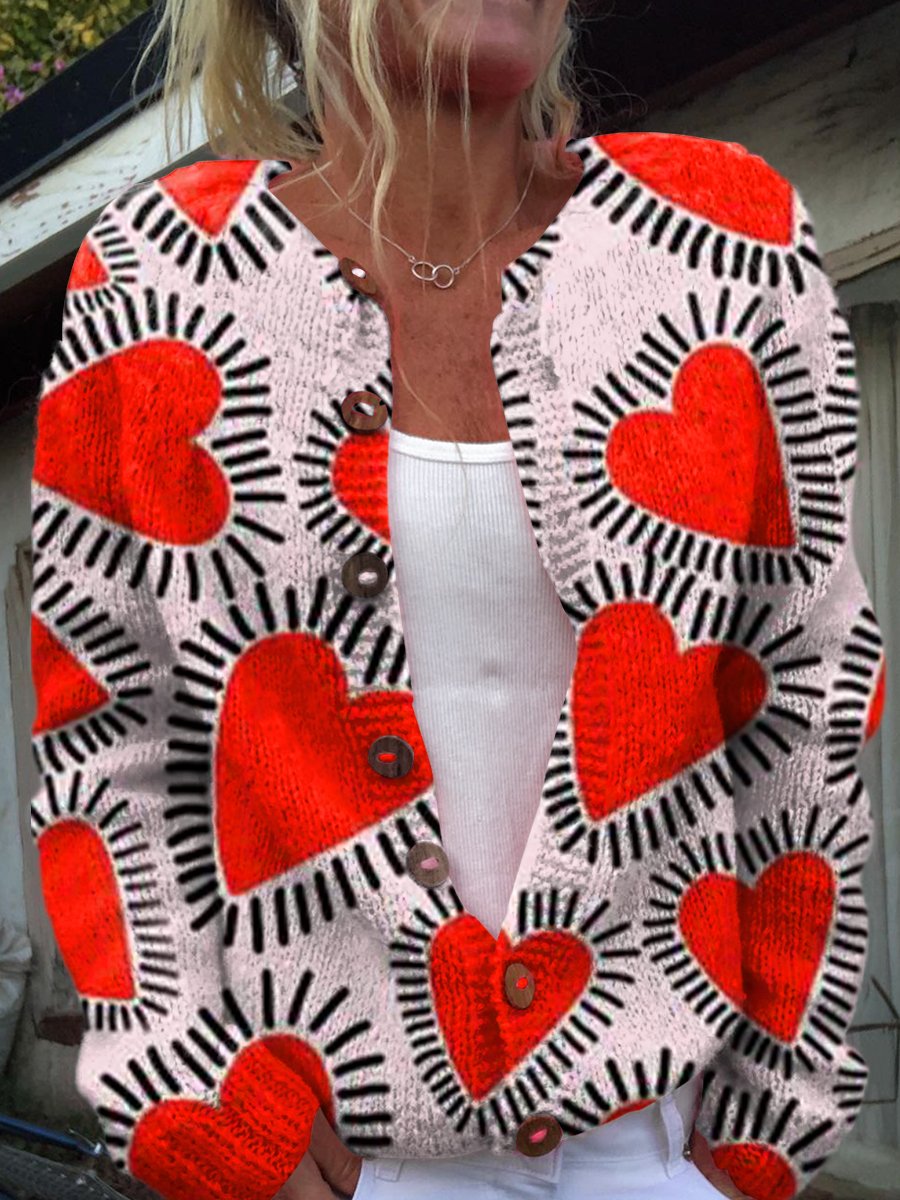 Red Stick Figure Love Art Print Buttoned Cardigan Sweater