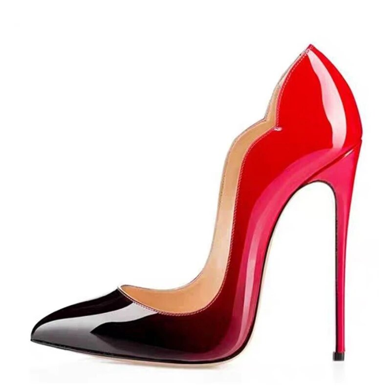 Black & Red Gradient Pointed Toe Stiletto Heels Shallow Pumps