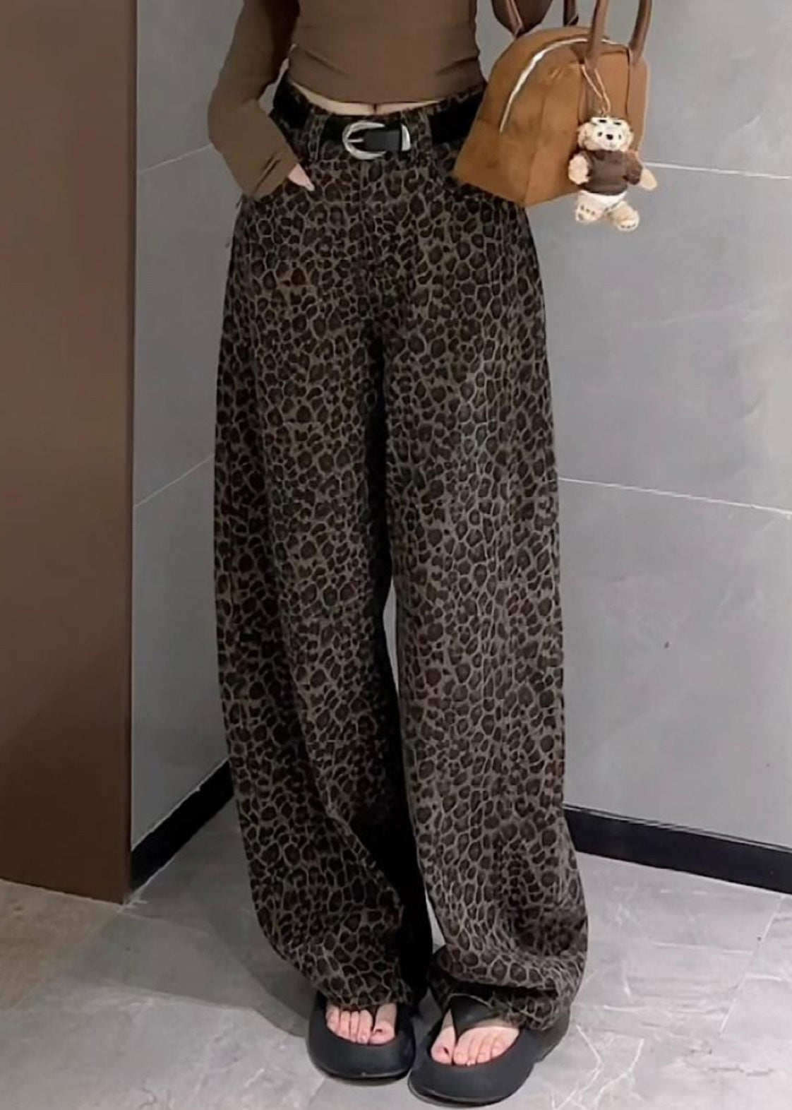 Unique Leopard Pockets High Waist Denim Wide Leg Pants Fall