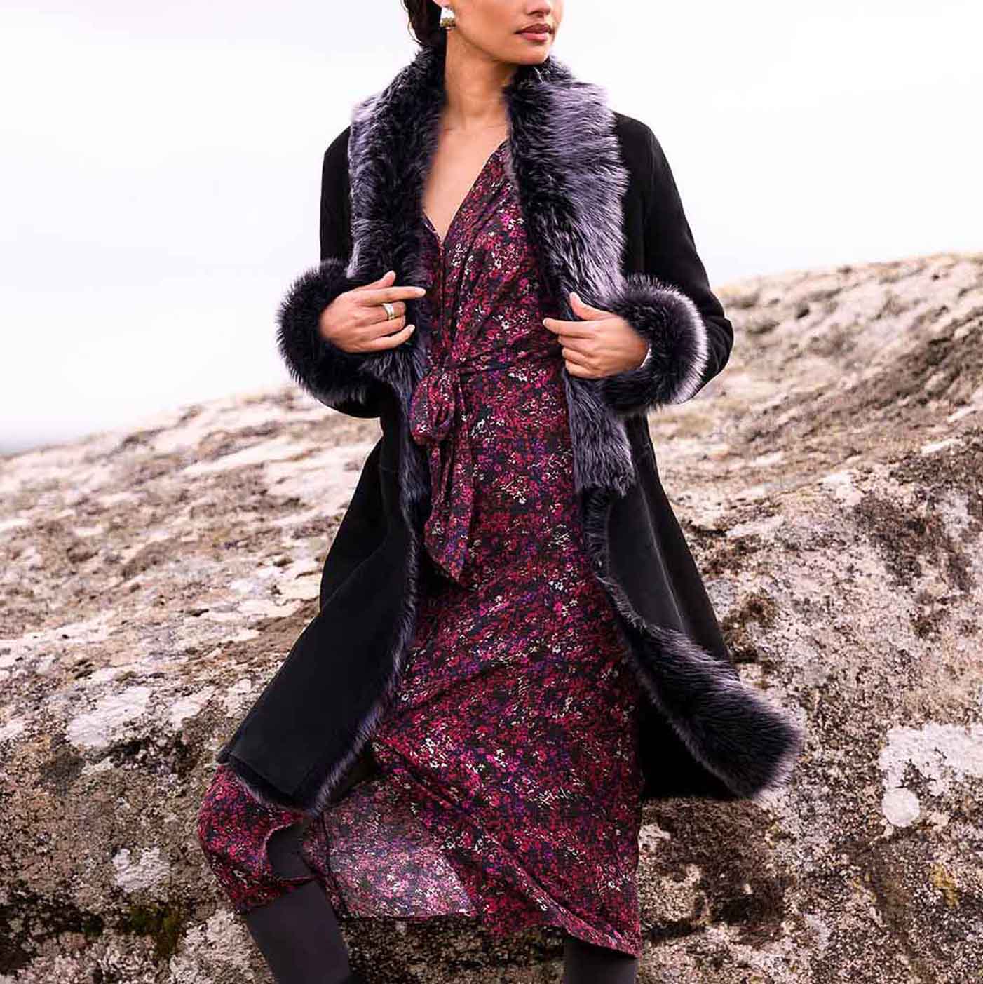Women's Vintage Suede Fleece Silver Fox Fur Mid-Length Shearling Jacket ...