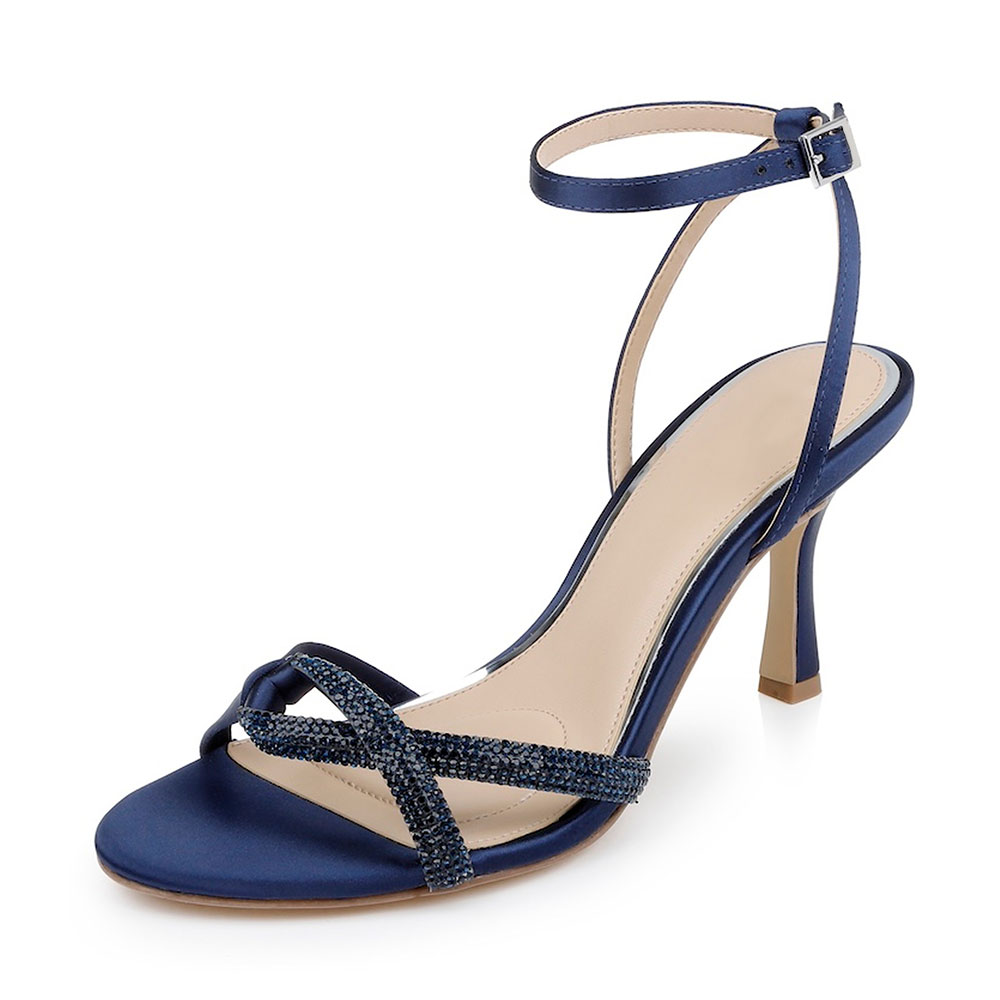 Chic Navy Satin Rhinestone Open Round Toe Strap Heels Sandals