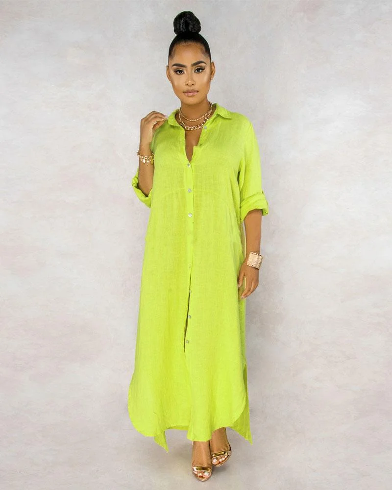Solid Color Buttons Down Side Slit Shirts Maxi Dresses