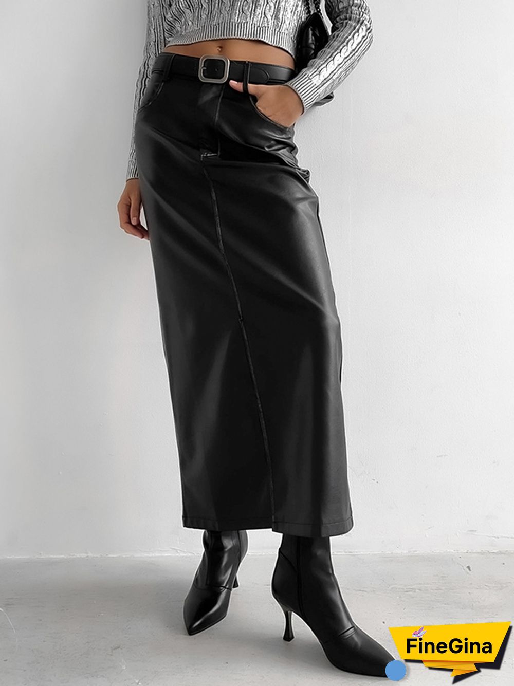 FineGina Vintage High Rise Split Leather Maxi Skirt