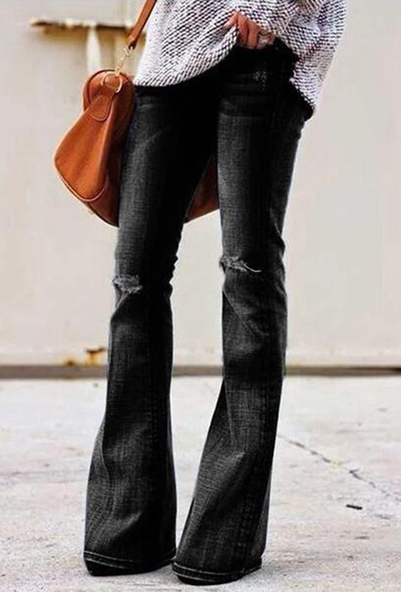 Work Solid Ripped Mid Waist Boot Cut Denim Jeans - Ladylim