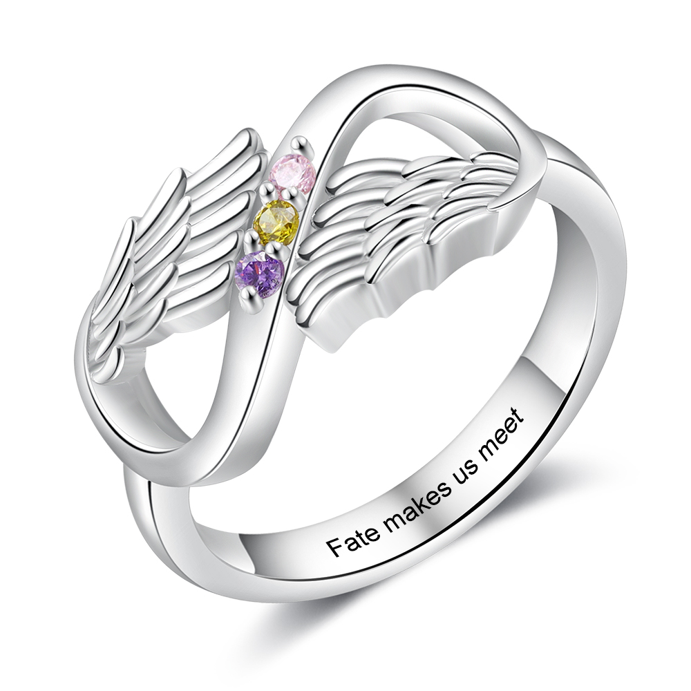 Personalized 3 Birthstones Ring Engraved Names Angel Wings Ring Gifts ...
