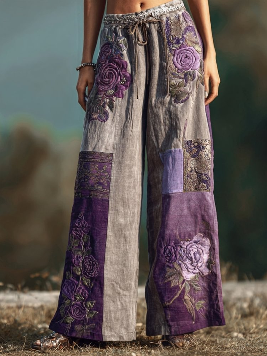 Women's Vintage Purple Roses Patchwork Pants