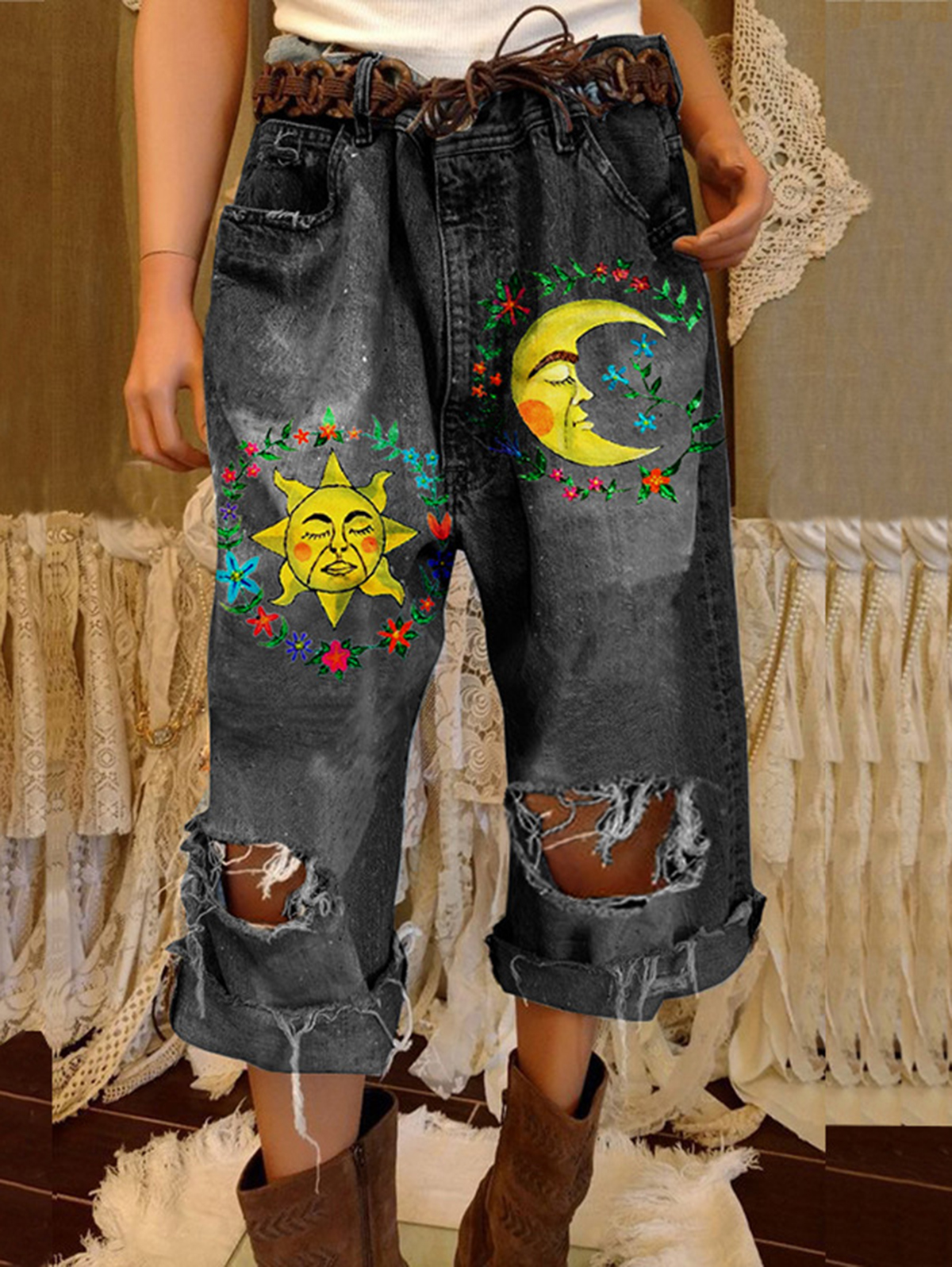 Daily Ripped Raw Edge Moon Star Pattern Denim Jeans