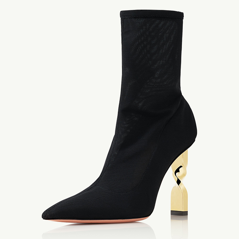 FSJ Black Pointed Toe Sculptural Heel Elastic Ankle Boots