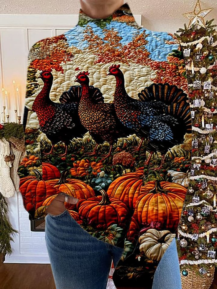 Turkey Art Print Knit Turtleneck Pullover Sweater