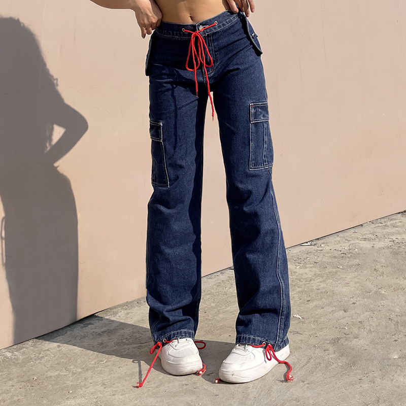 RED STRING MULTI-POCKET CARGO JEANS