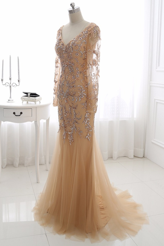 Daisda Beautiful Champagne V-Neck Long Sleeves Evening Dress Mermaid Tulle Ruffles with Beadings ...