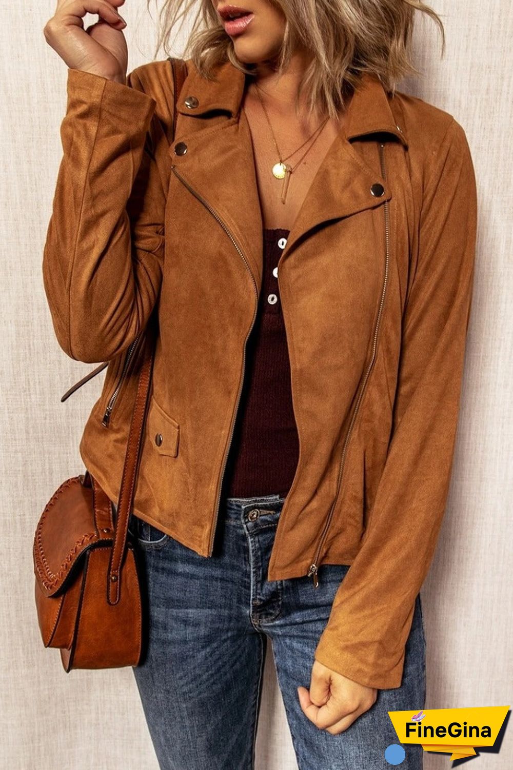 FineGina Turndown Collar Zipper Design Jacket(4 colors )