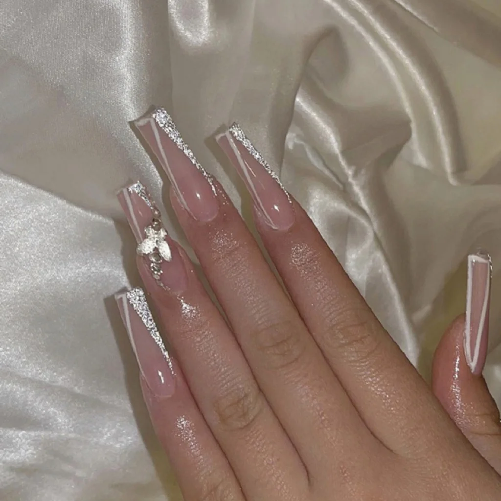 Churchf False Nails with glue flower design Long Coffin French ...