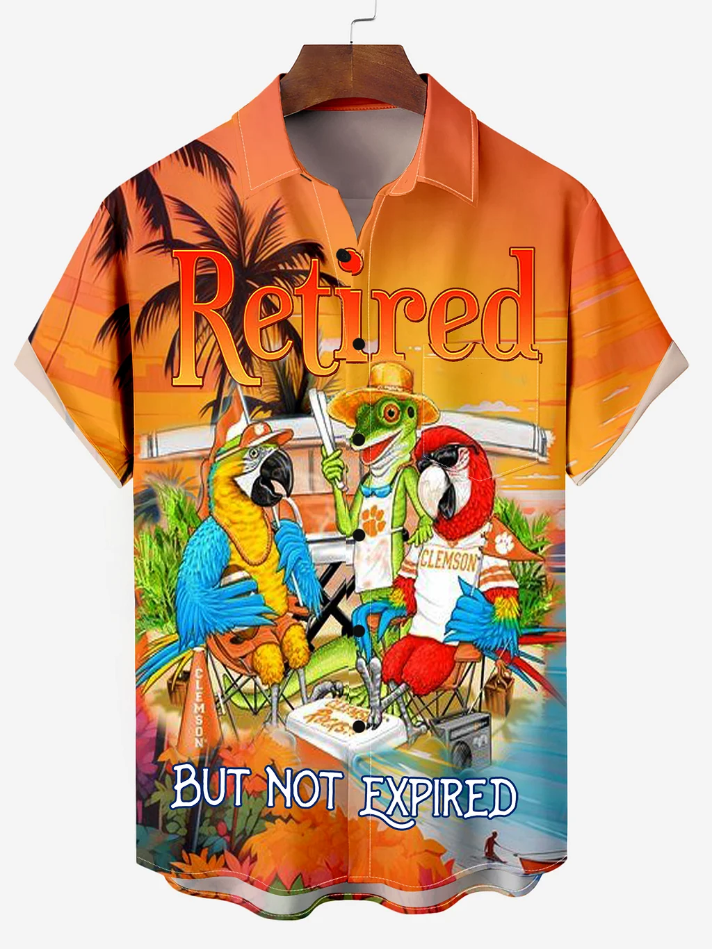 "Retired But Not Expired" Parrot Head Tiki Party Chest Pocket Shirt