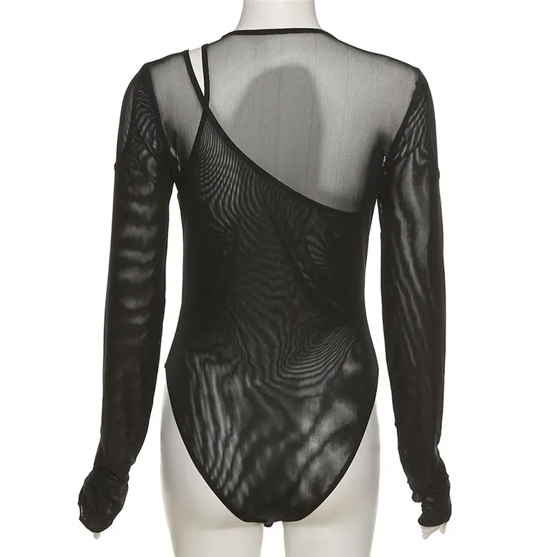 SEXY SHEER PANEL LONG SLEEVE SLIM BODYSUIT