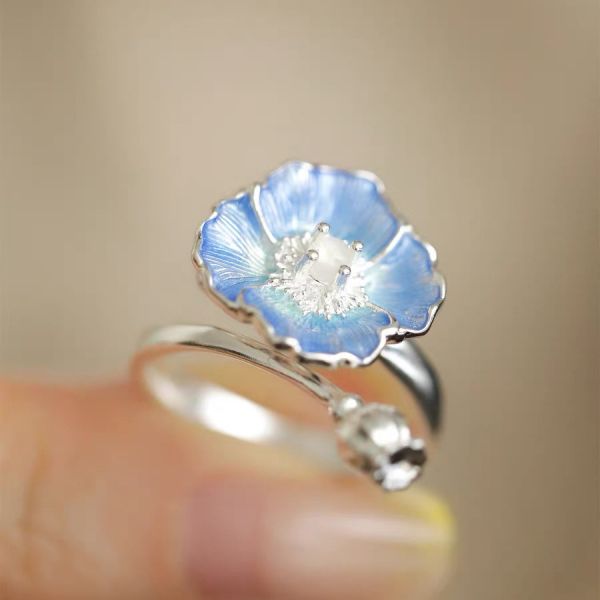 Sterling Silver Airy Blue Flower Open End Ring