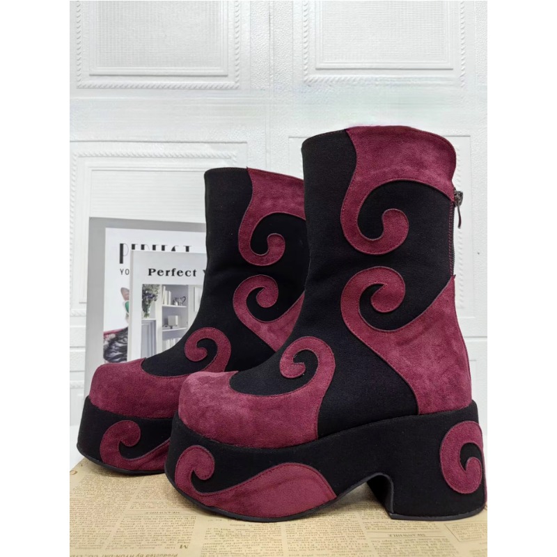Laur Patchwork Flock Platform Block Heel Boots In Black