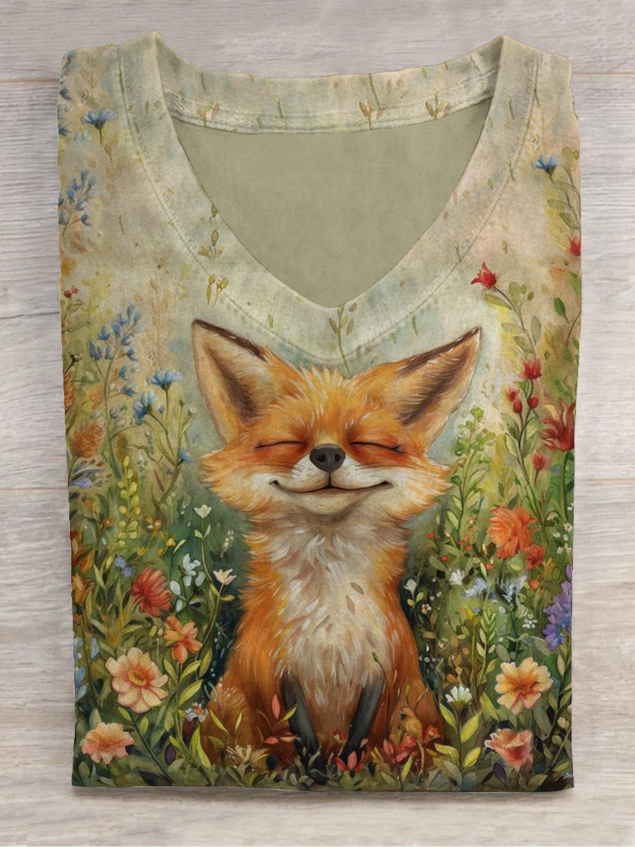 Unisex Fox Floral V-Neck Print Design T-Shirt