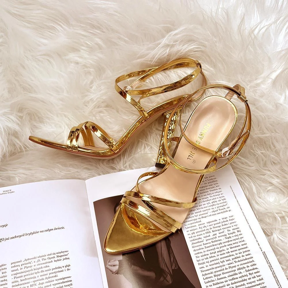 Gold Ankle Strap Sandals Decorative Heel Prom Shoes