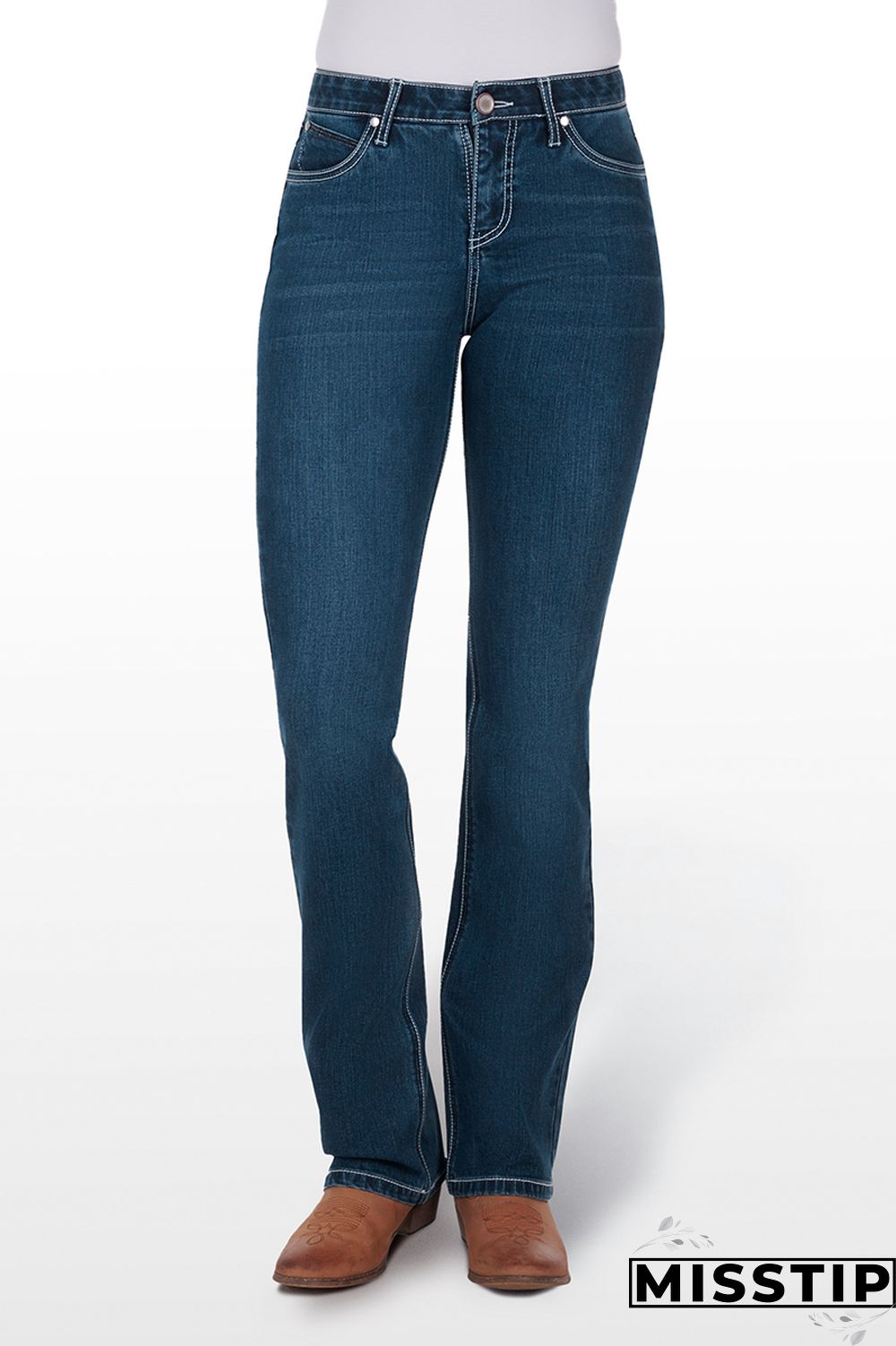 Embroidered Pocket Mid Waist Bootcut Jeans Without Belt - MissTip