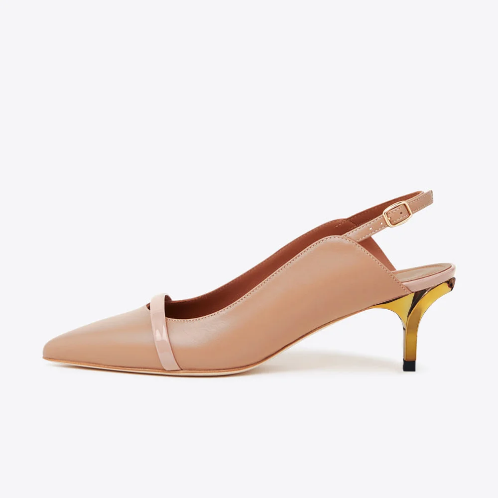 Beige Vegan Leather Closed Toe Kitten Heel Slingback Pumps