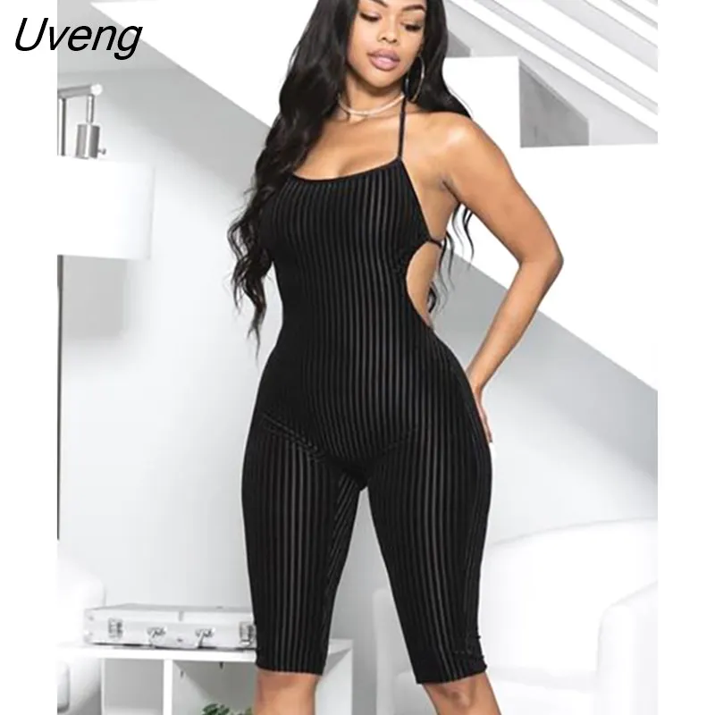 Uveng Velvet Fabric Women Halter Neck Rib Jumpsuit Short Backless ...