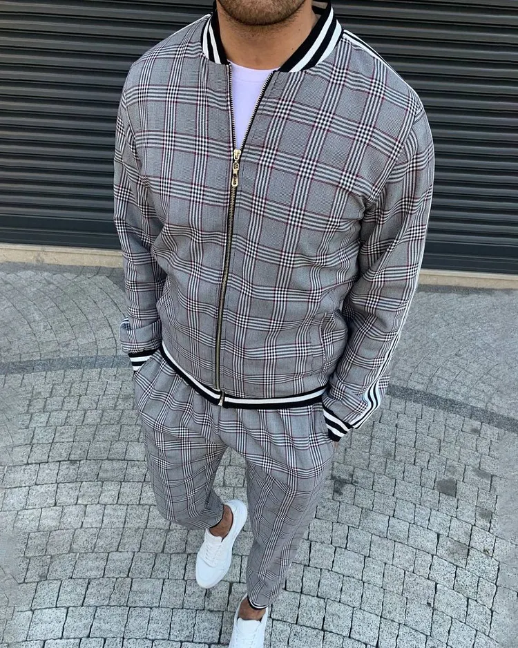 Men's Grey Classic Plaid Tracksuit Full Set -00025