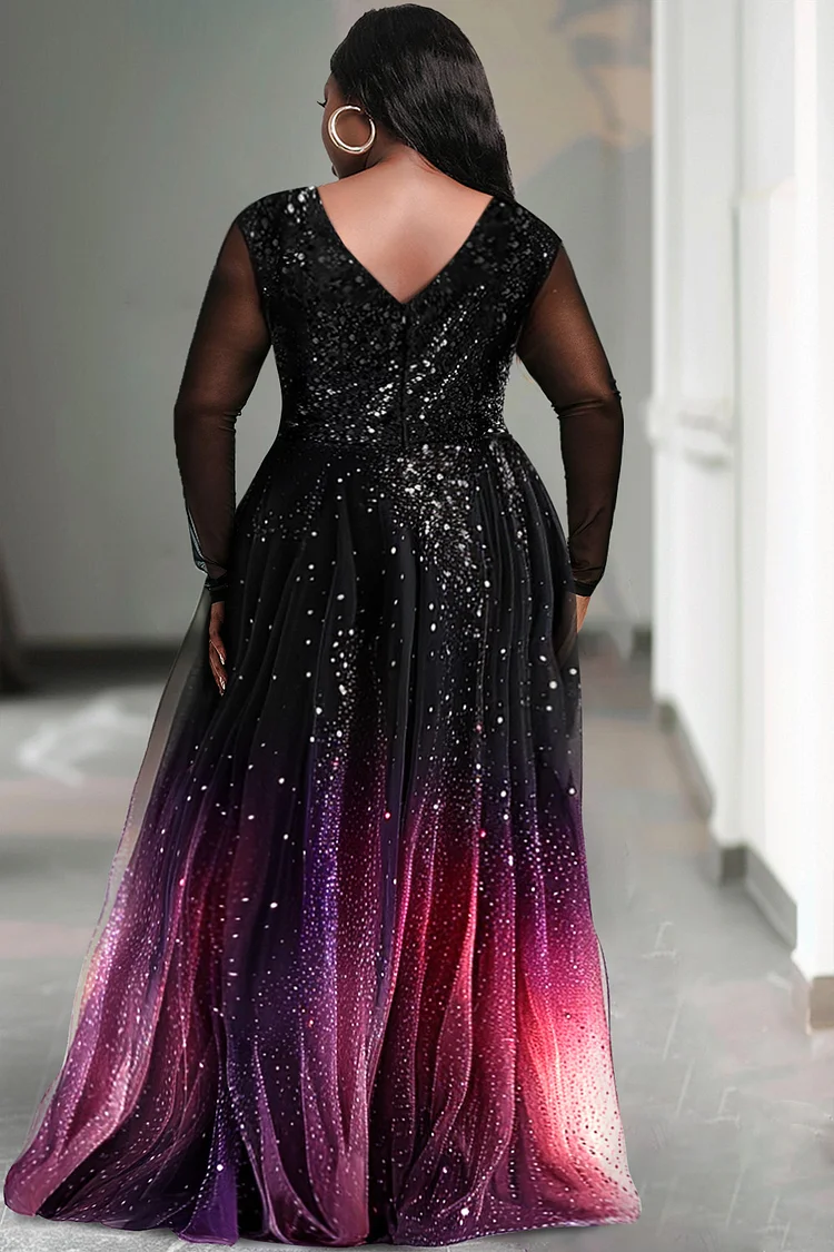 Xpluswear Design Plus Size Evening Black V Neck Gradient See Through