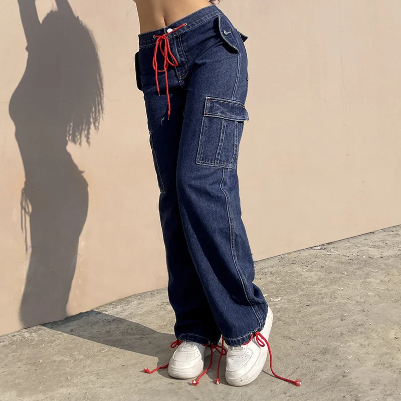 RED STRING MULTI-POCKET CARGO JEANS