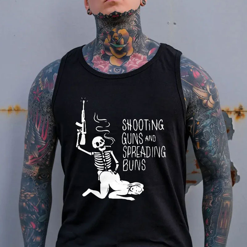 SHOOTING GUNS AND SPREADING BUNS Skull with Sexy Lady Black Print Vest