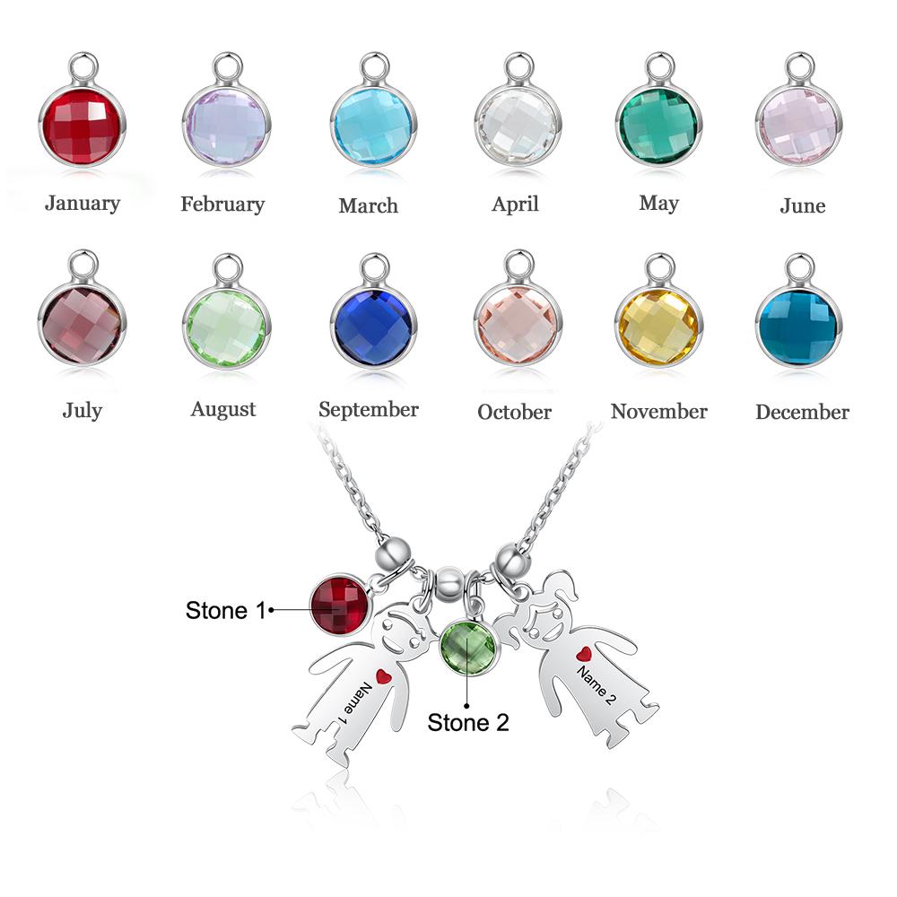 Personalized Kids Charm Necklace With 2 Birthstones Engraved Names Gift ...