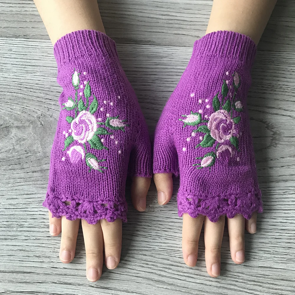 Hand Embroidered Gloves Women's Knitted Gloves Flower Gloves