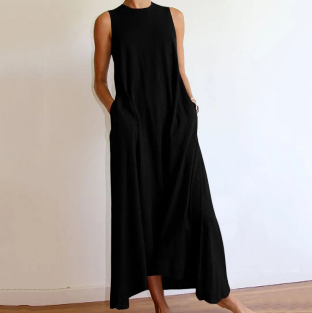 Solid Sleeveless Crew Neck Keyhole Back Maxi Dress