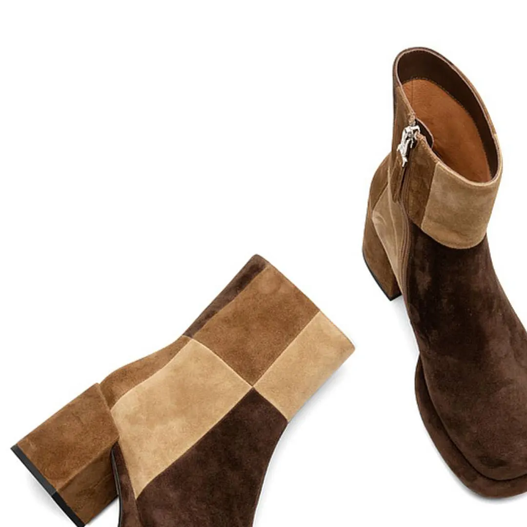 Brown & Tan Patchwork Block Heel Platform Ankle Boots with Zipper