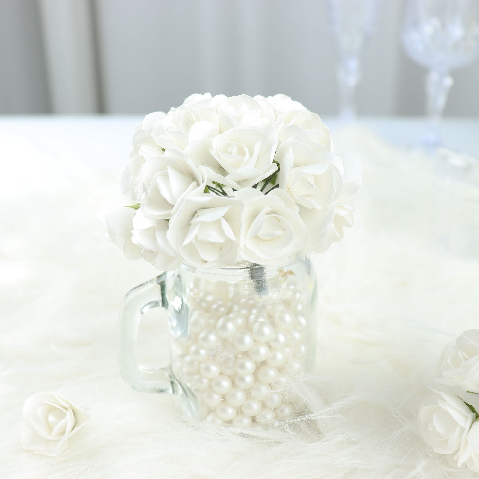 144 White Paper Mini Craft Flower Roses, DIY Flower Bushes With Wire Stems