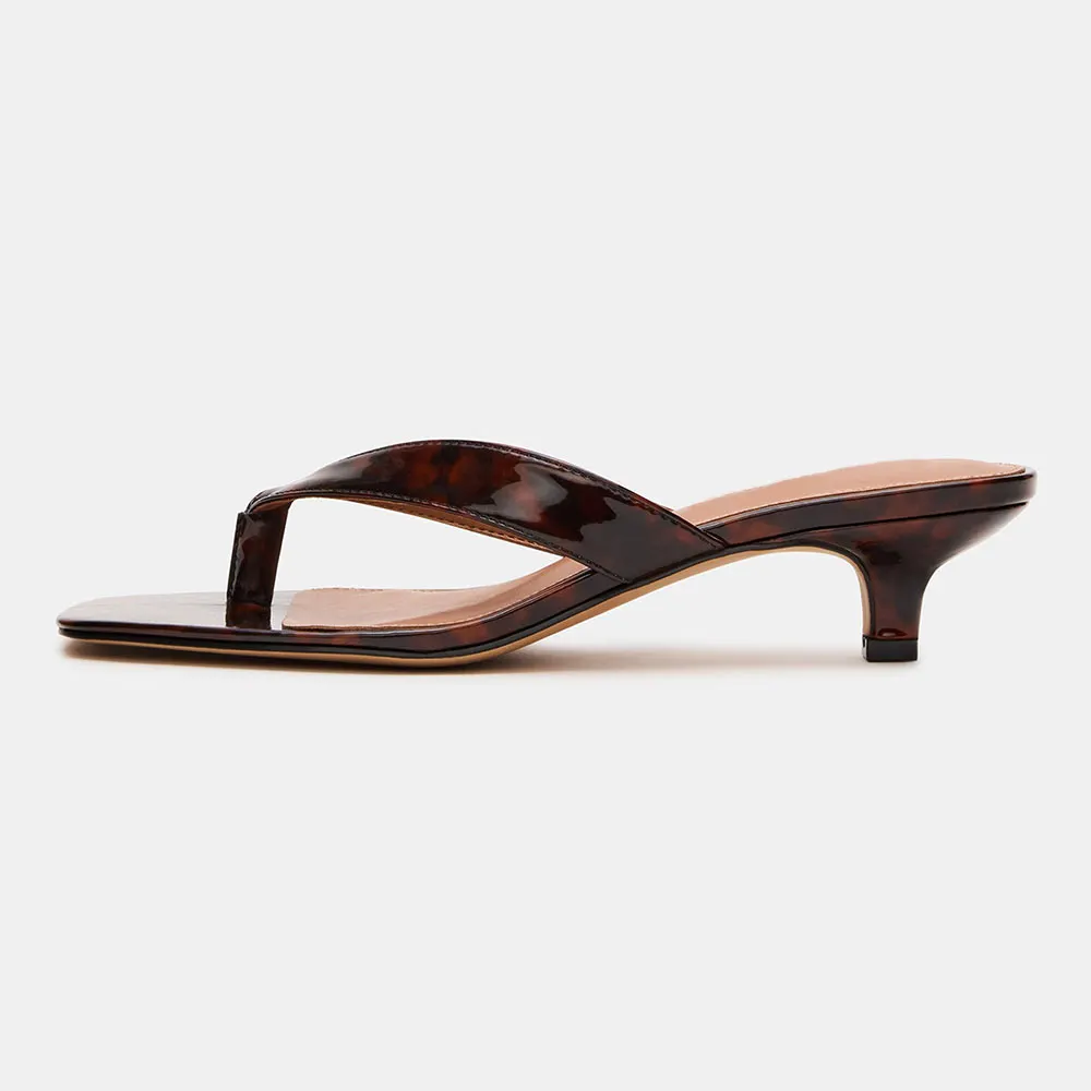 Tortoise Print Open Square Toe Slide Sandals with Kitten Heels
