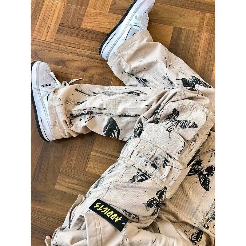 Woherb ink splash tie-dye butterfly work pants female fall American ...