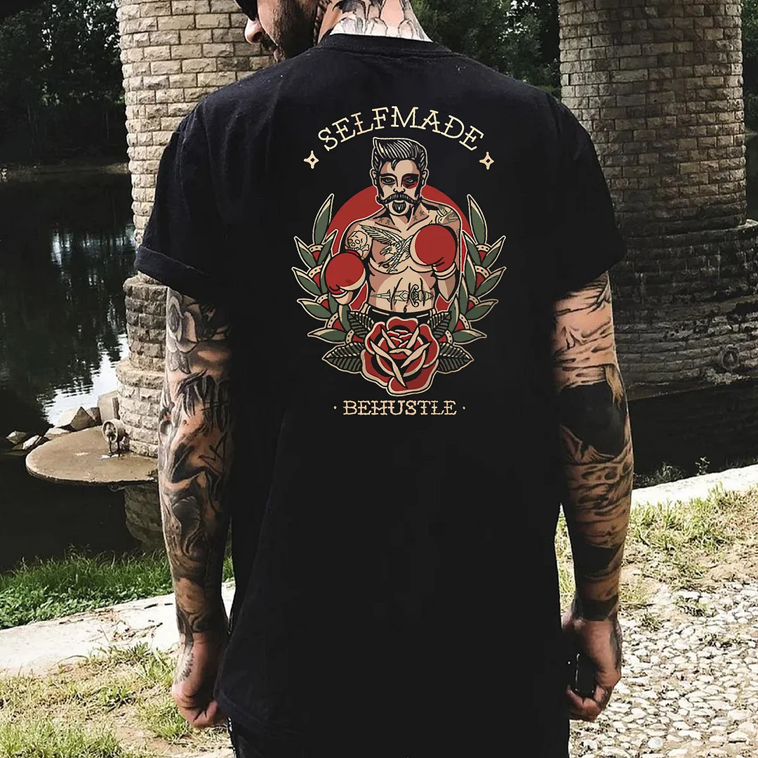 SELFMADE BEHUSTLE Boxing Man with Flowers Black Print T-shirt