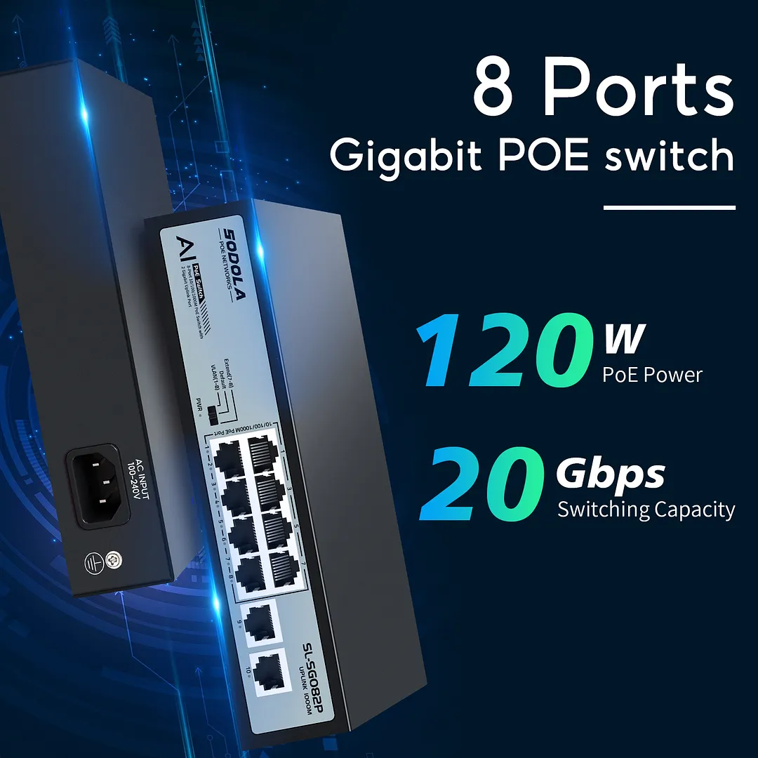 SODOLA 8 Port Gigabit PoE Switch with 2 Gigabit Uplink,802.3af/at ...