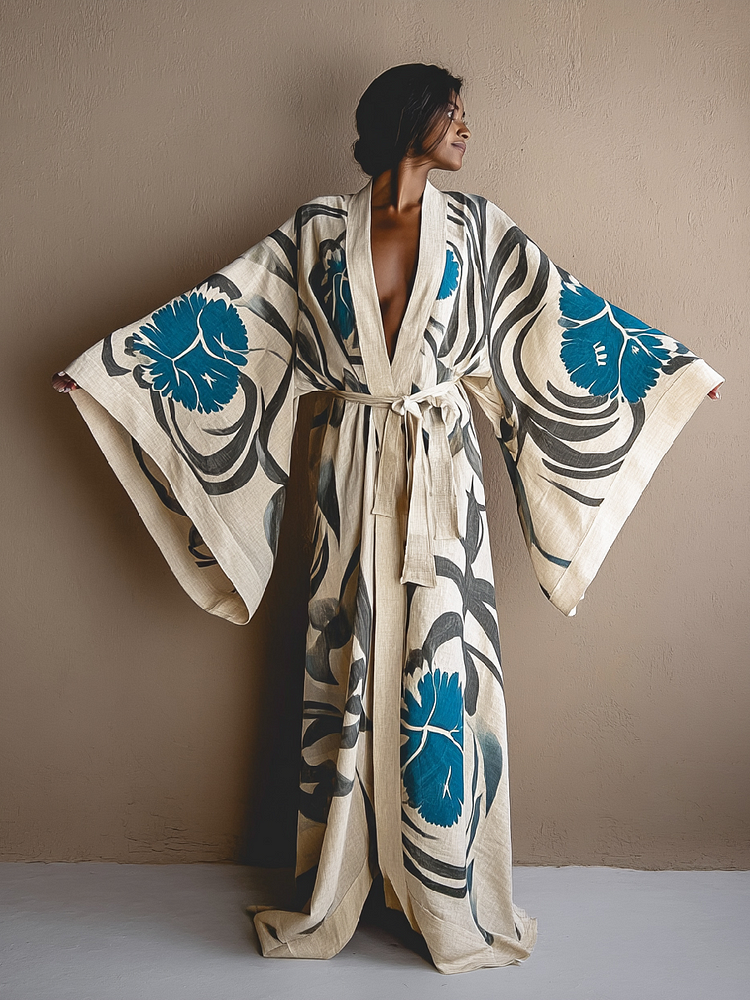 Women's Blue Floral Kimono Linen Robe (Including Belt)
