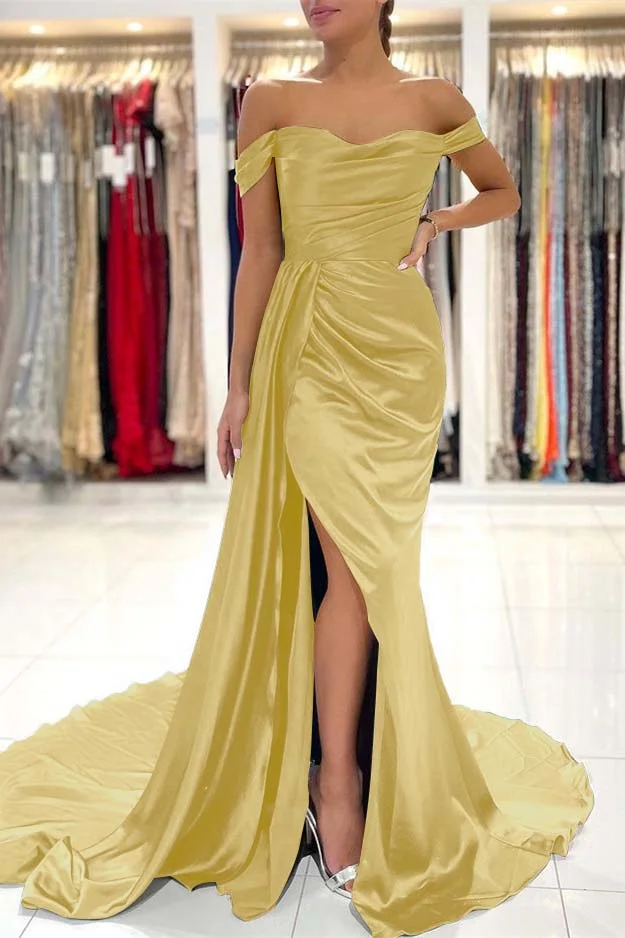 Daisda Mermaid Dark Green Off-the-Shoulder Prom Dress Split With Ruffles