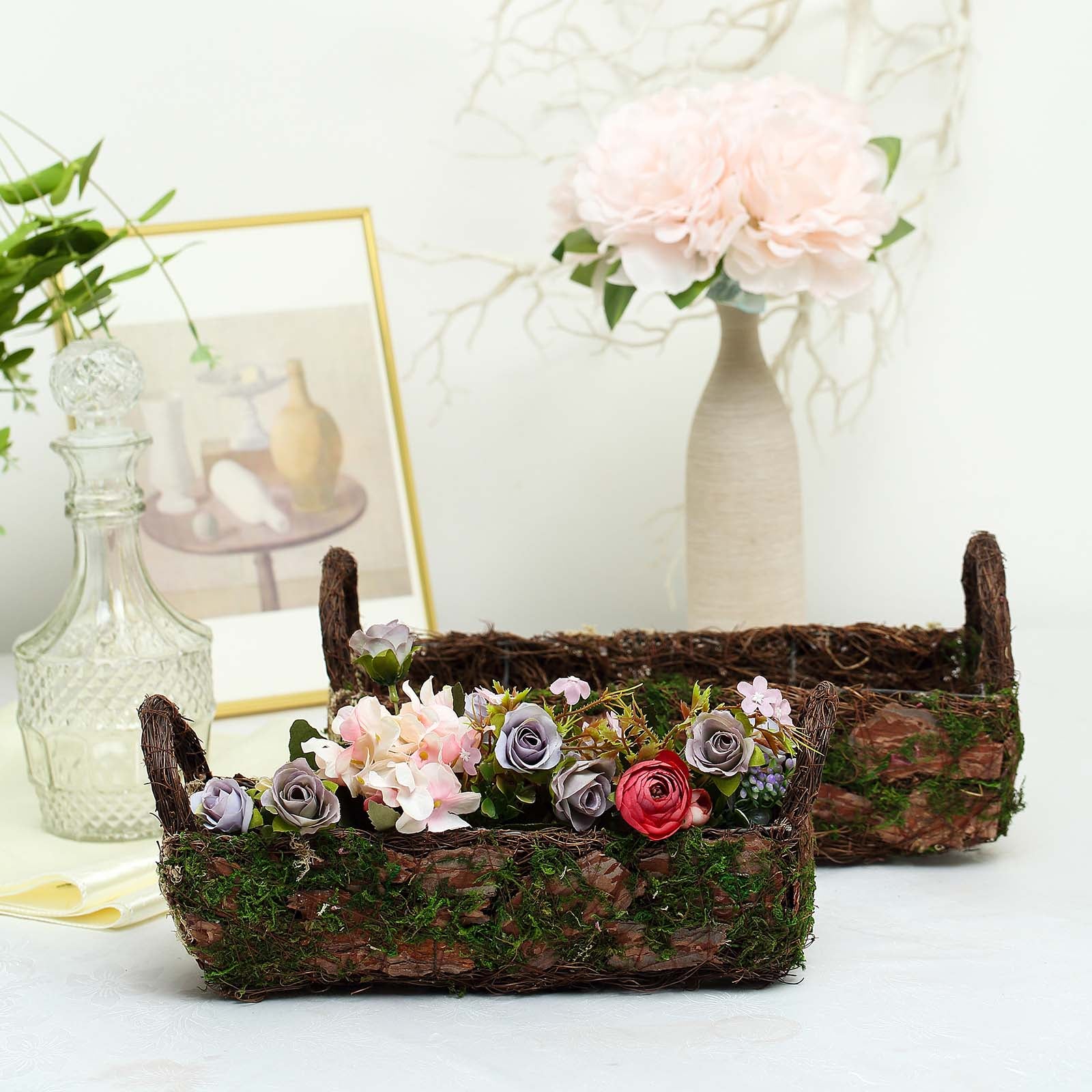Set of 2 | Rustic Log Shaped Preserved Moss Planter Boxes, Flower ...