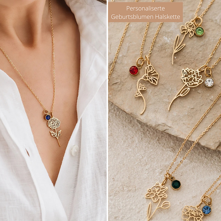 Personalisierte Geburtsstein Geburtsblume Halskette - Geburtsblume Serie