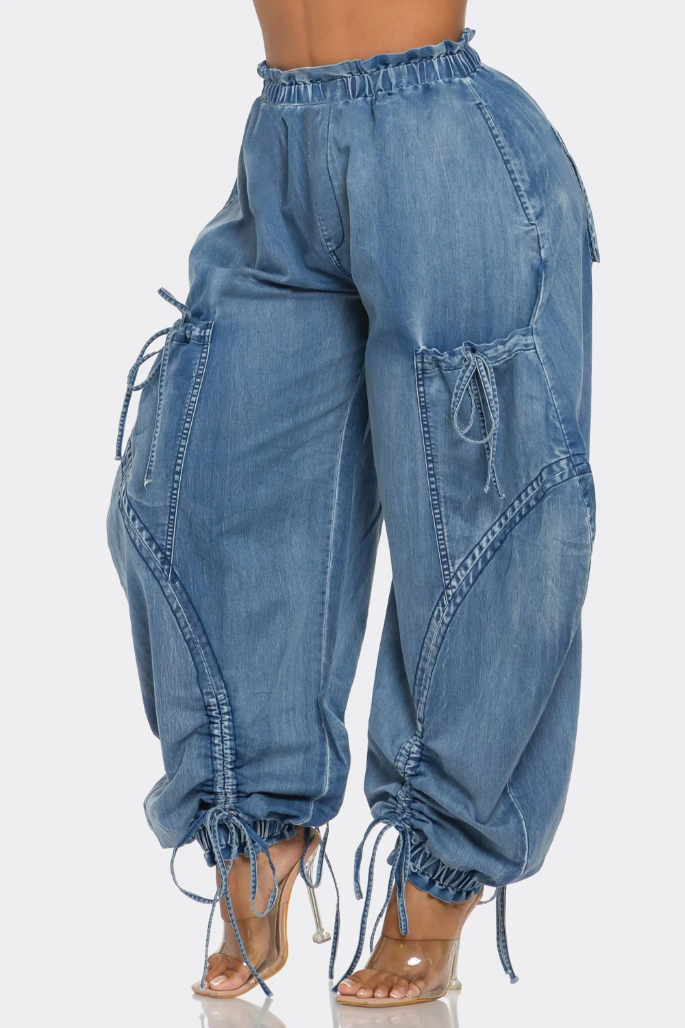 Plus Size Daily Blue Ruched Jogging Denim Cargo Jeans - Xpluswear