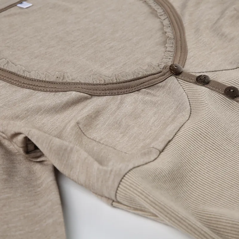 BASIC V-NECK LOW CUT BREASTED LONG SLEEVE TOP
