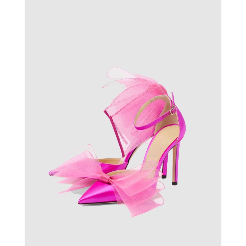 Fabrizia Bow Embellished Satin Stiletto Heel Pumps In Hot Pink