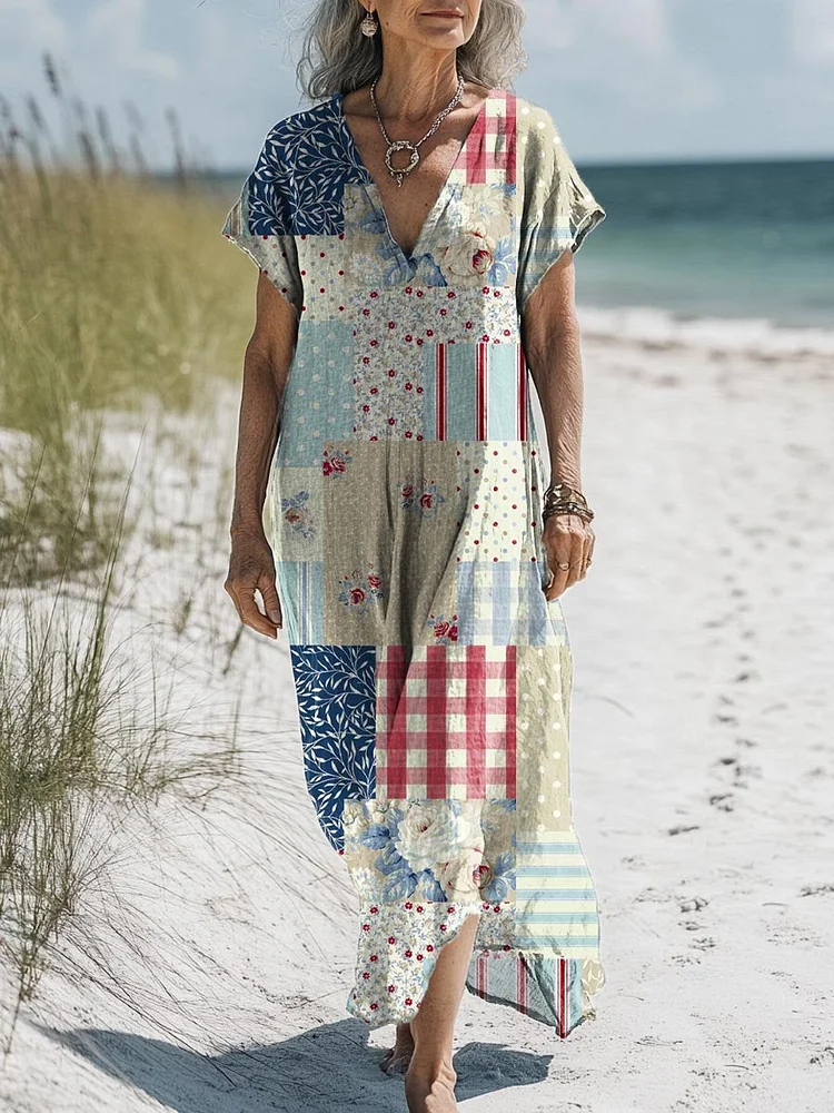 Women's Vintage Lovely Floral Patchwork Art Print Pocket Cotton Dress