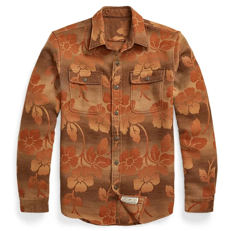 Vintage Modern Floral Cotton Jacquard Orange Work Shirt