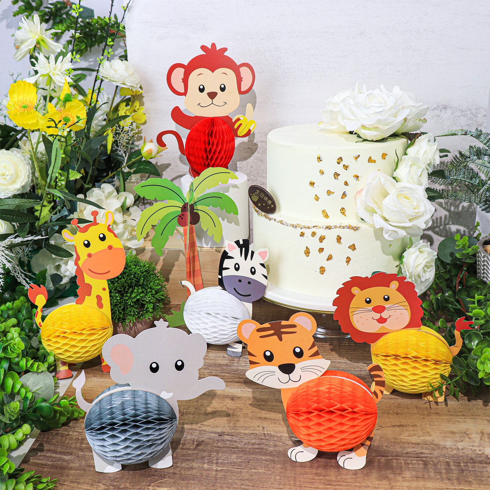 3D Jungle Safari Animal Tissue Honeycomb Table Scatters Decorations Set